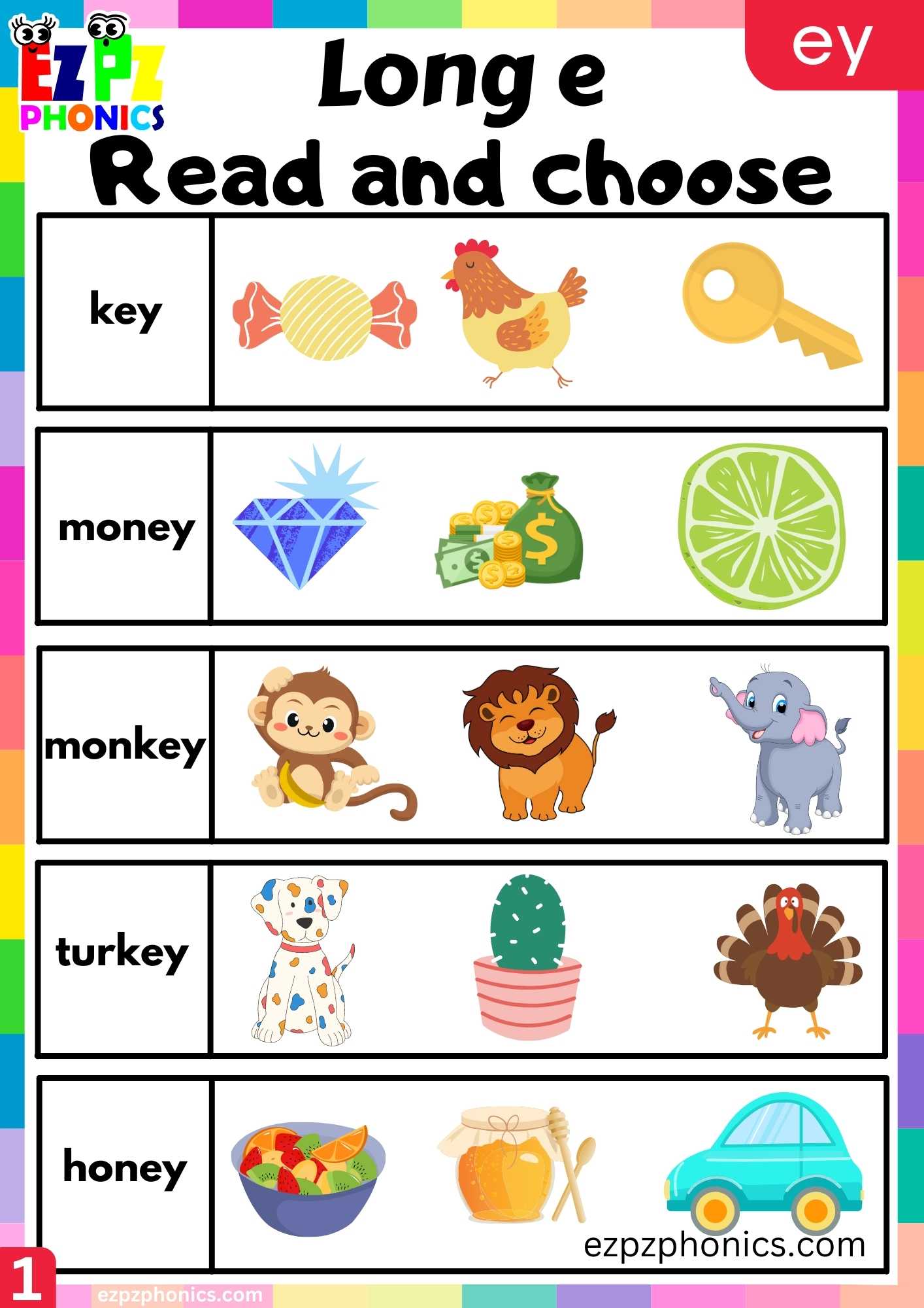 EY Words Read And Choose Long E Phonics Worksheet - ezpzphonics.com